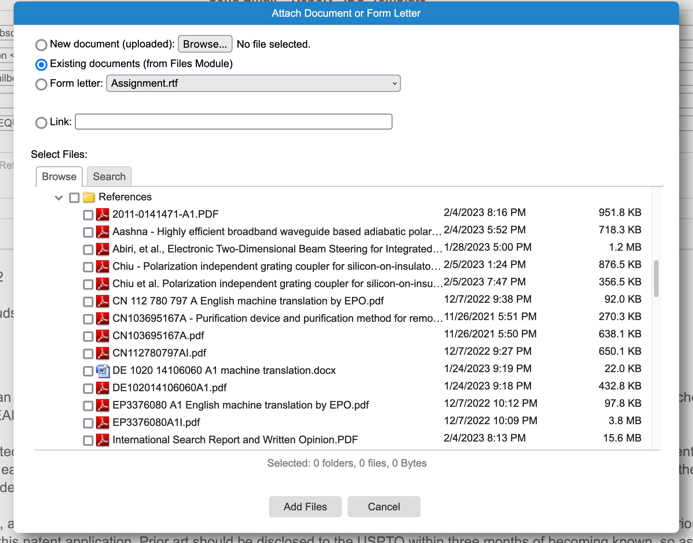 Augment "Attach Document or Form Letter" document chooser so it also lists prior art documents ...