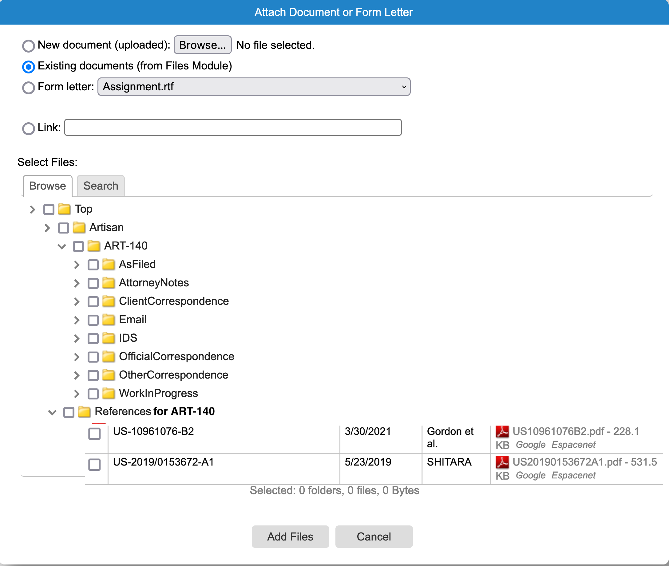 Augment "Attach Document or Form Letter" document chooser so it also lists prior art documents ...